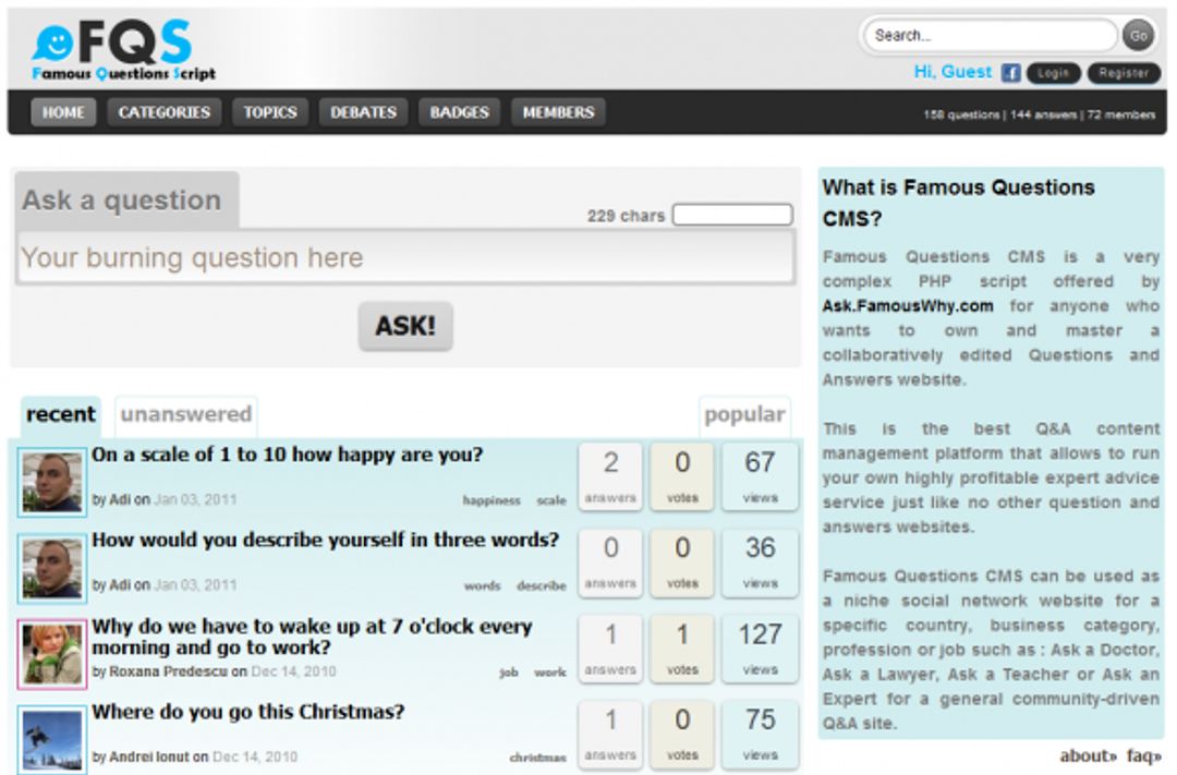 Famous Questions CMS (Questions and Answers Script) - Review | CMS Critic